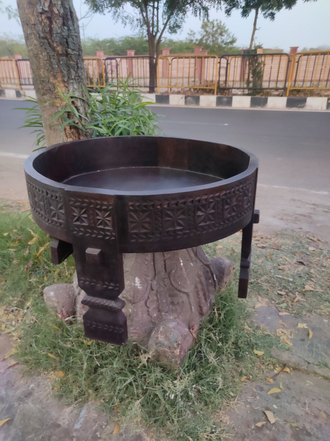 Wooden Indian Chakki Grinder Table,engraved Distressed Finished Chakki ...