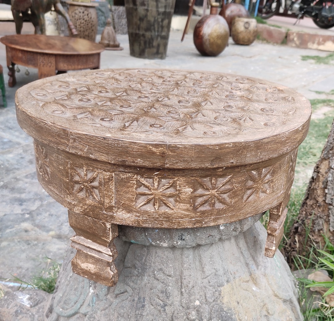Indian Carved Chakki Table With Carved Wood Top,carved Chakki Table ...