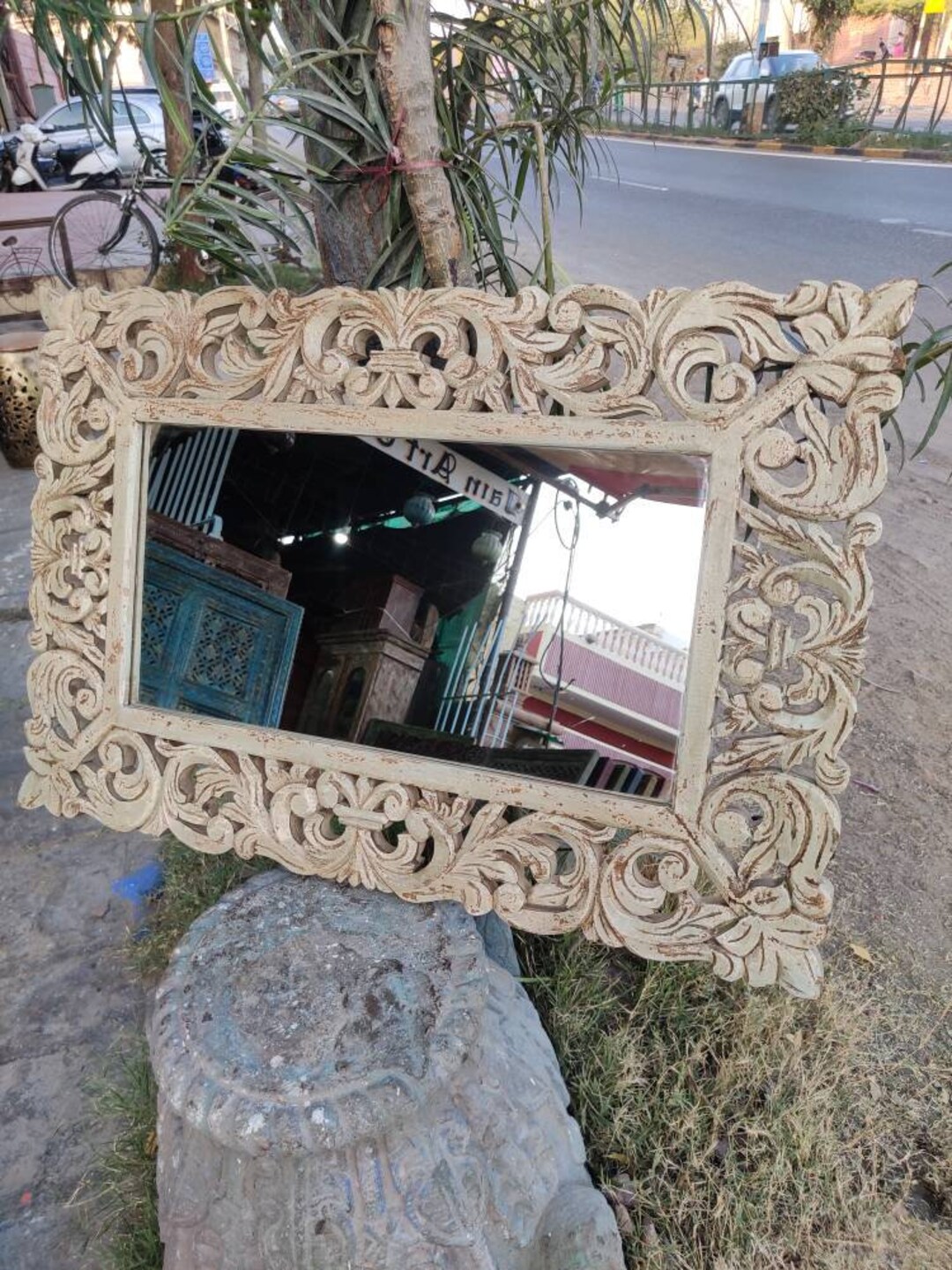 Wooden Carved & Distressed Gray Finished Mirror Frame Wall - Etsy