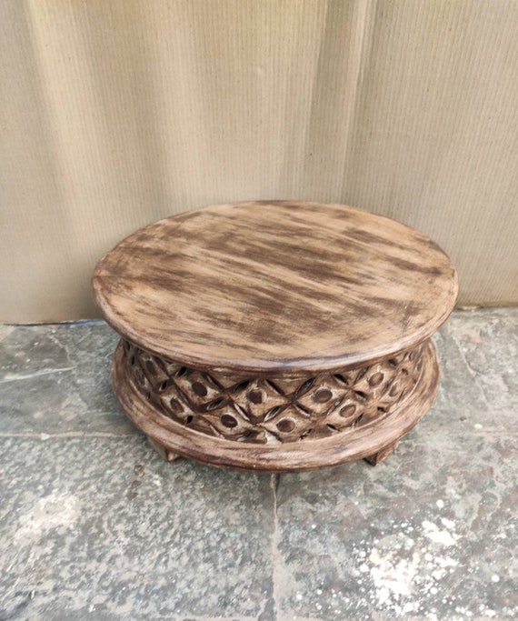 Carved Indian Round Table With Wooden Topcarved Chakki - Etsy