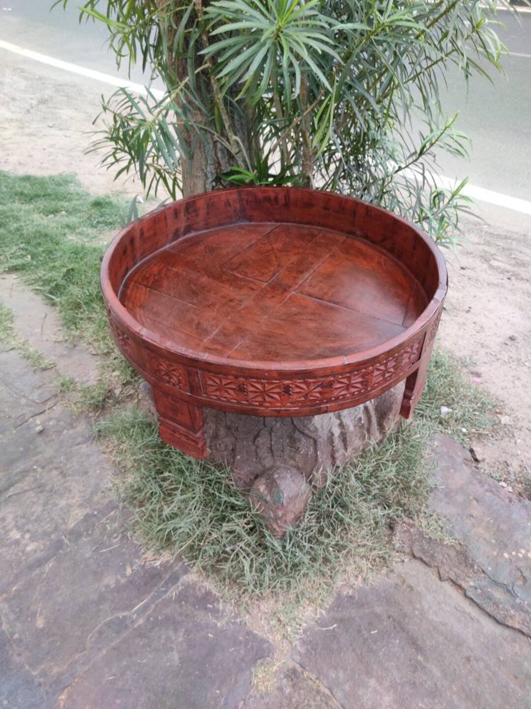 Wooden Indian Chakki Grinder Table,engraved Distressed Finished Chakki ...
