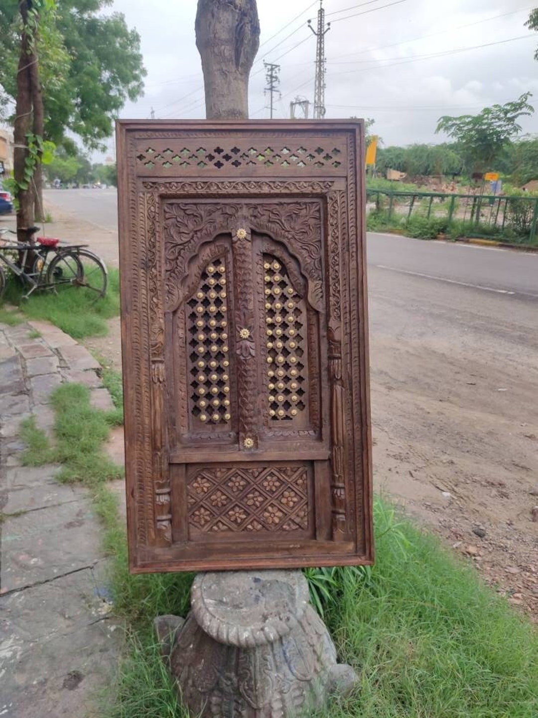 Ethnic Vintage Style Carved Wood & Brass Work Window Frame/ Handmade ...