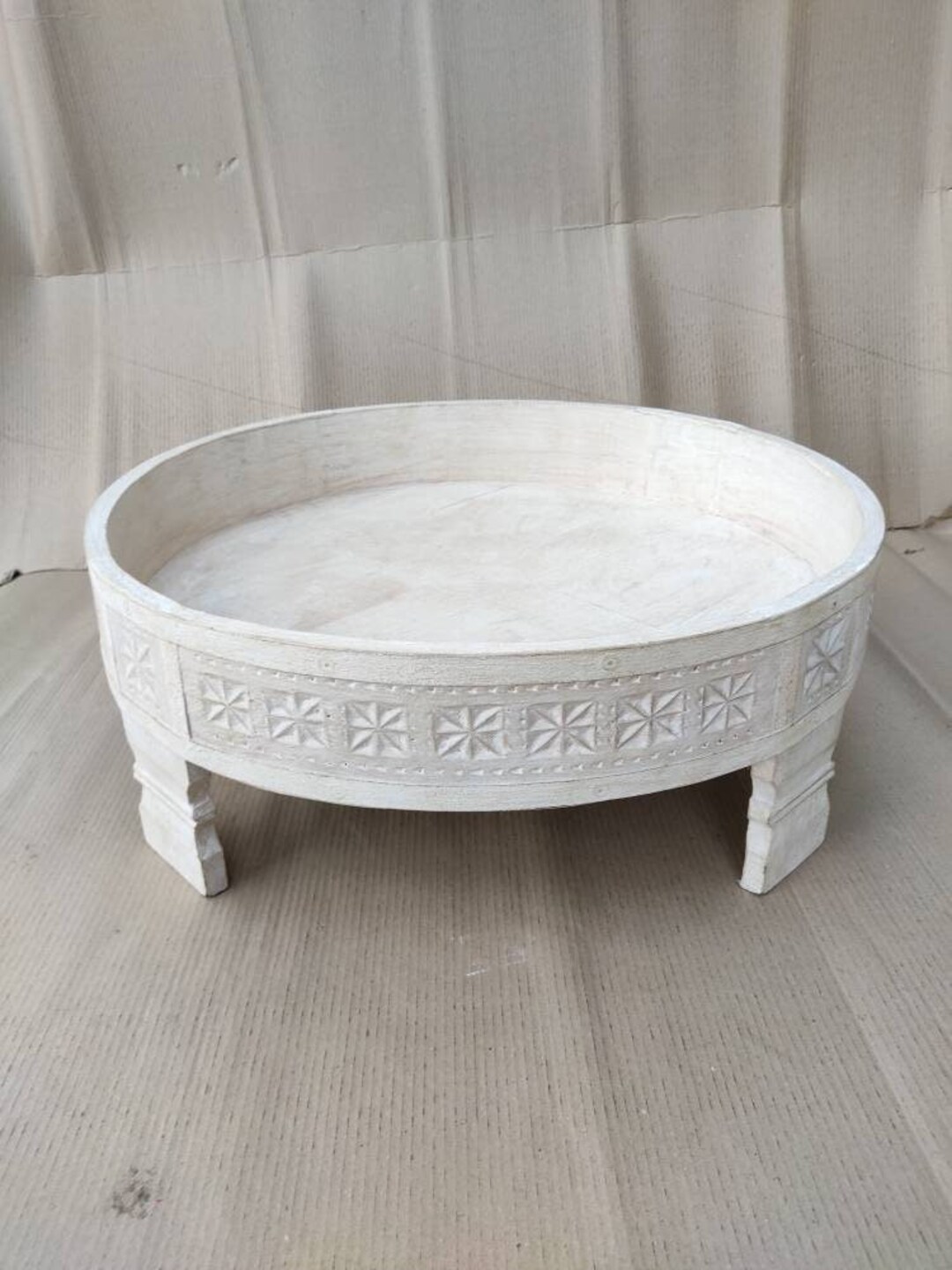 Engraved Indian Chakki Table: Distressed Wood Low Side Table - Etsy