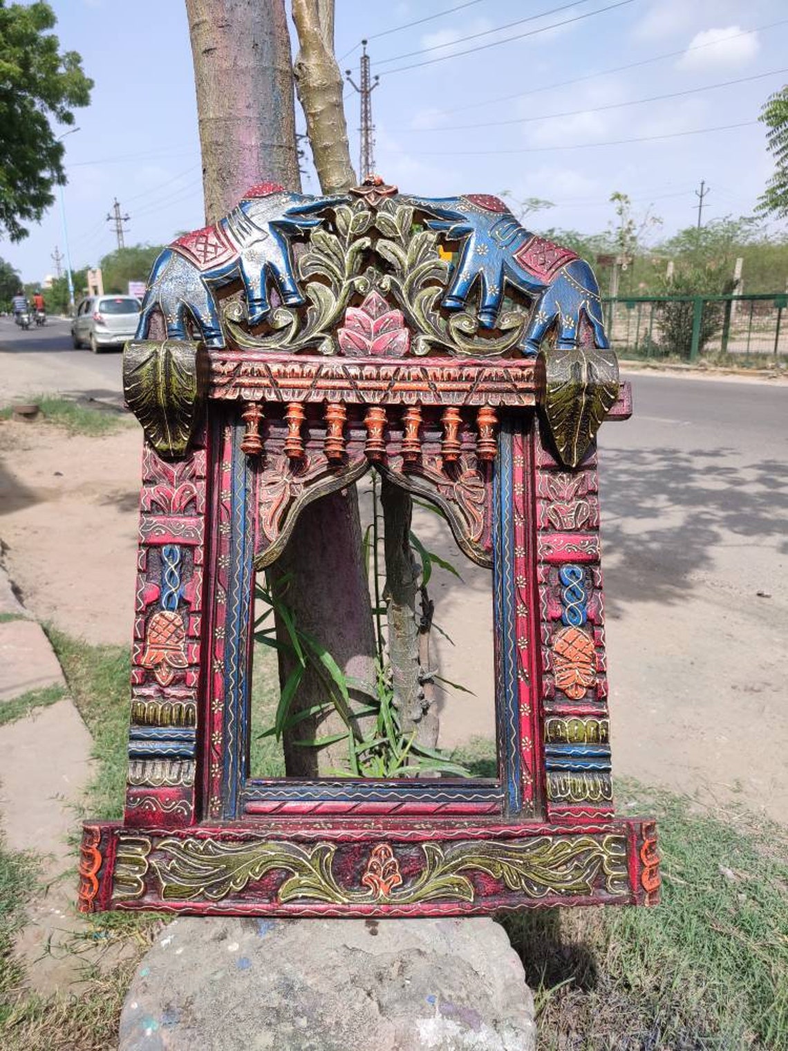 Hand Carved Painted Wooden Elephant Design Jharokha/ Mirror - Etsy