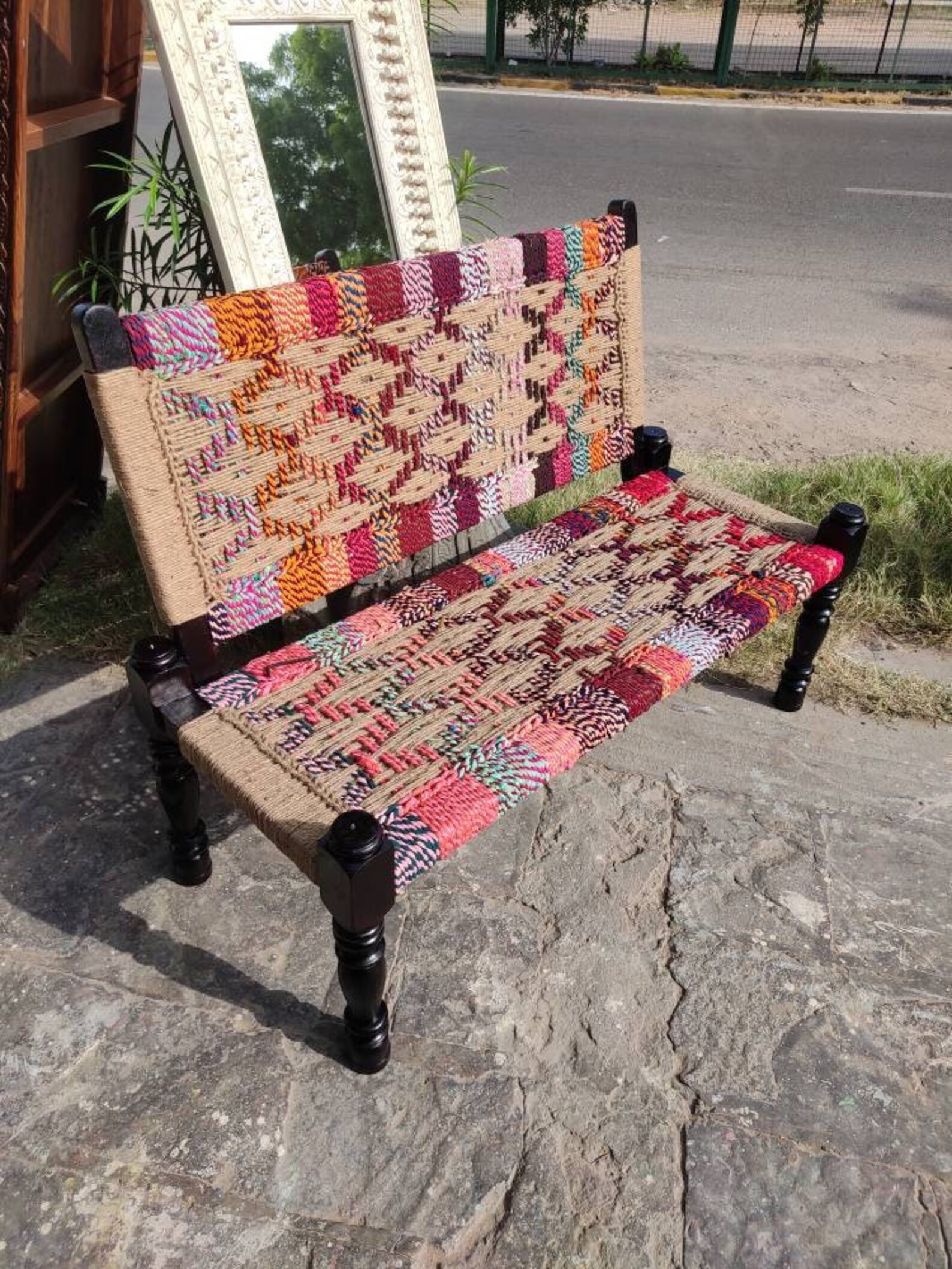 Handmade Wooden Woven Rope Charpai Bed With Back/day Bed Cotton Rope ...