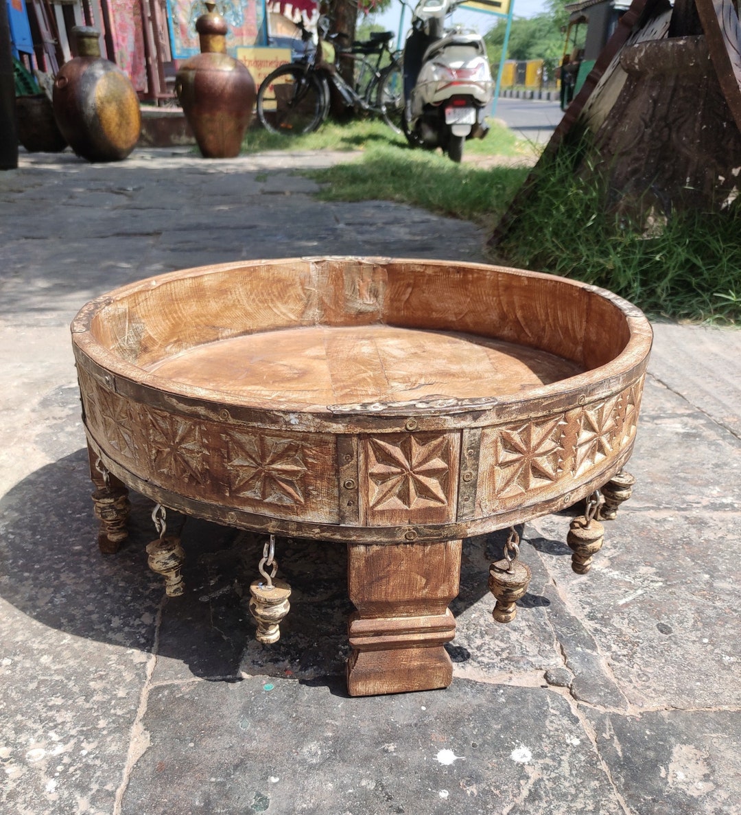 Wooden Indian Chakki Grinder Table, Engraved Distressed Finished Chakki ...