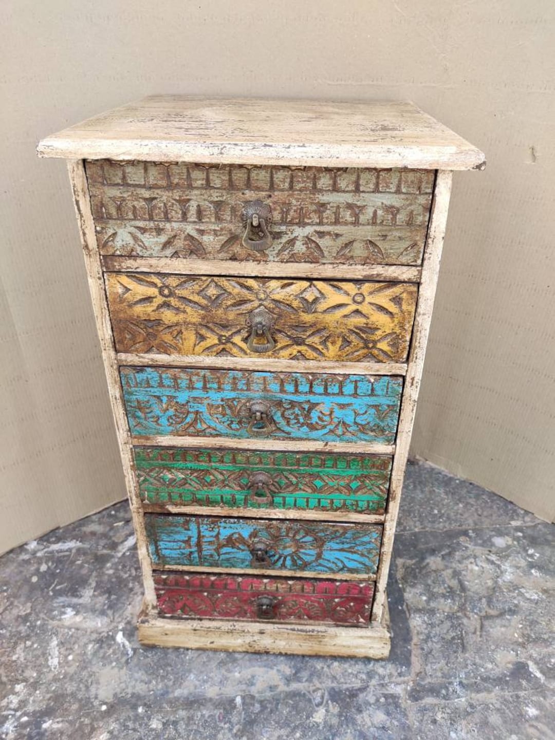 Handmade Carved Wooden Colorful Indian Ethnic Chest of Drawers, Storage ...