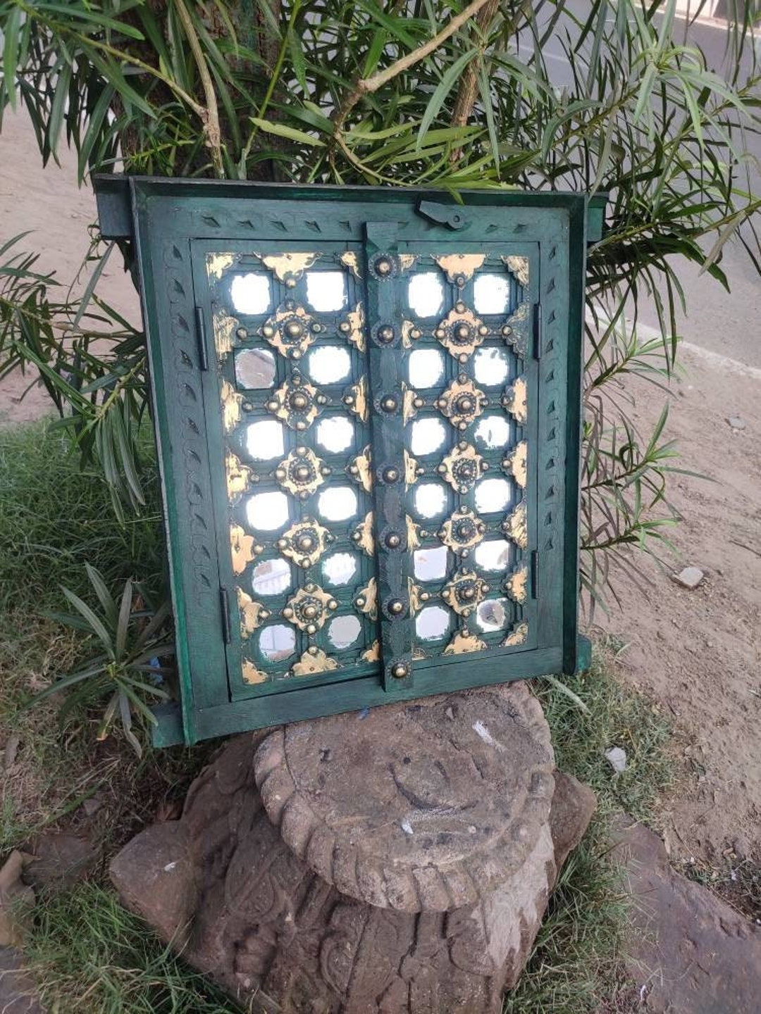 Vintage Style Wooden Window With Mirror and Brass Work/ Distressed ...