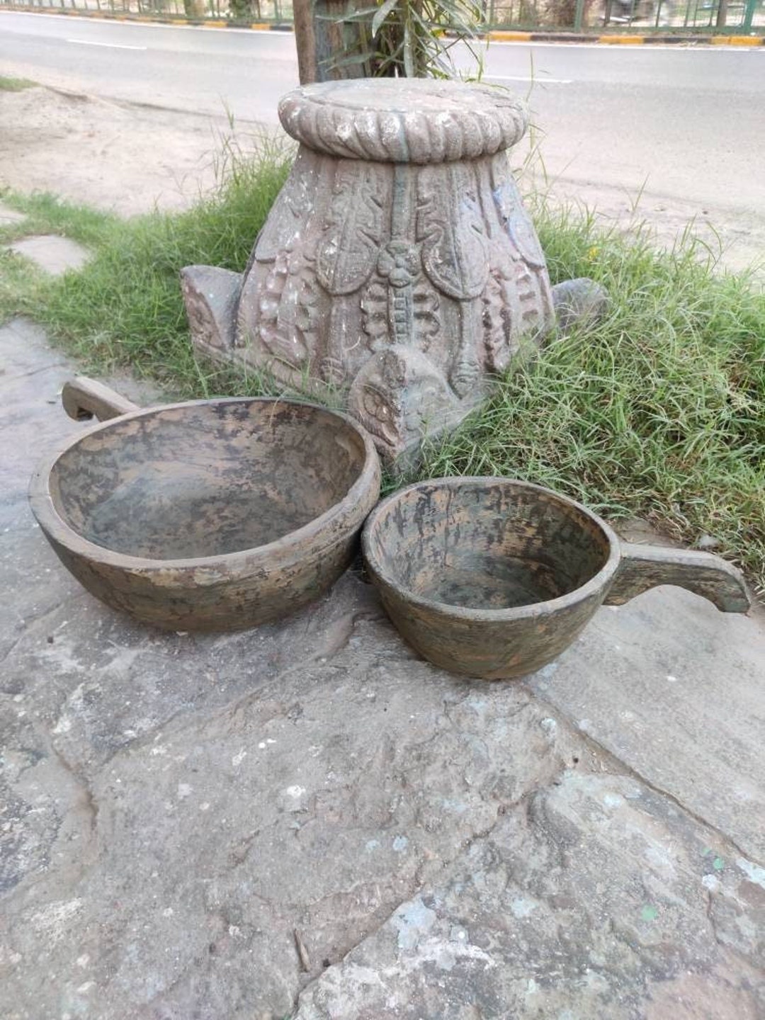 Wooden Indian Chapati Bowl Set of 2 Pieces With Handle,distressed ...