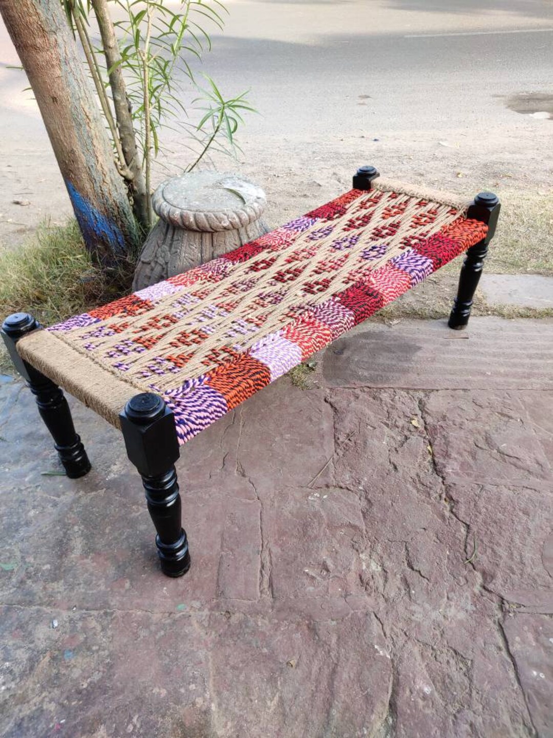 Handmade Wooden Woven Rope Charpai – Indian Daybed or Bench – White ...