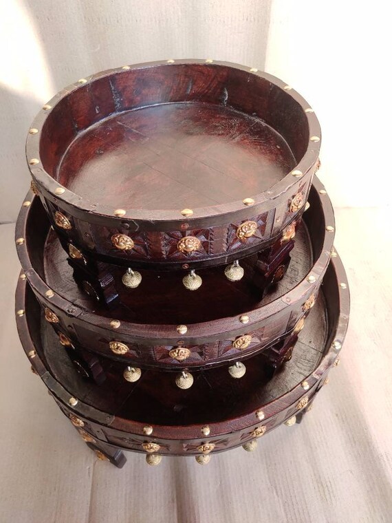 Wooden Indian Chakki Grinder Table Engraved Distressed | Etsy