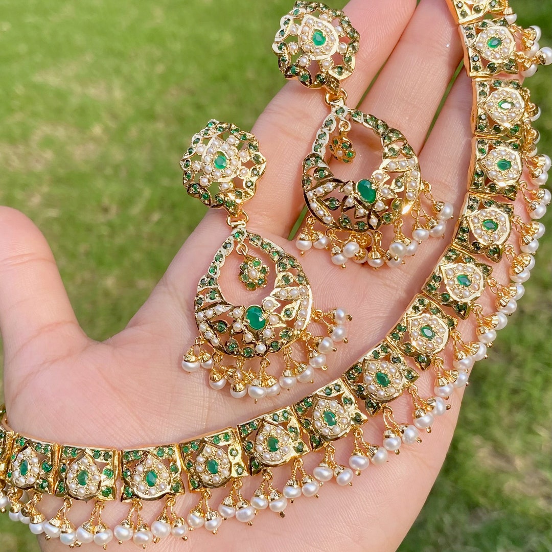 Emerald Necklace Set Jadau Set With Gold Plating 925 Silver - Etsy