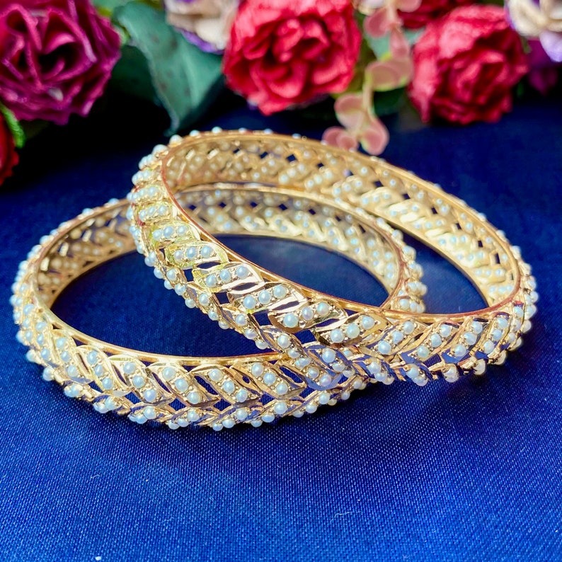 Pearl Bangles in Gold Finished Silver Crafted With Jadau - Etsy