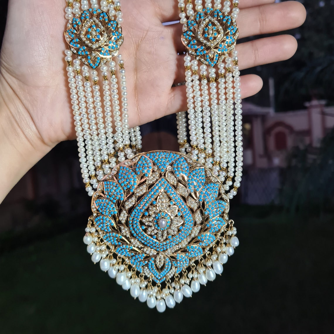 Rani haar with earrings pearl and turquoise Indian | Etsy