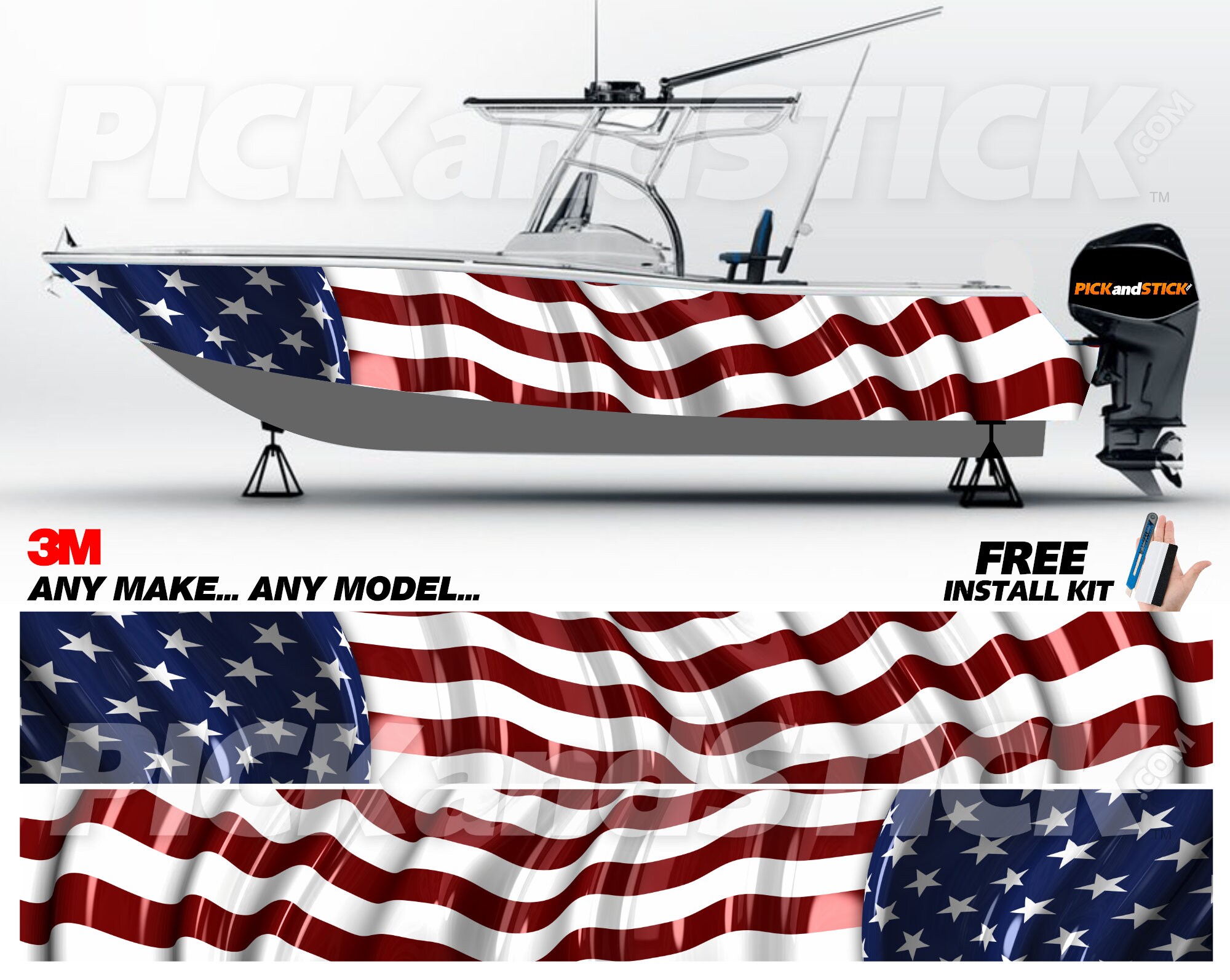 American Flag Waving Fishing Boat Wrap 3M DIY Decal Air Release Any ...