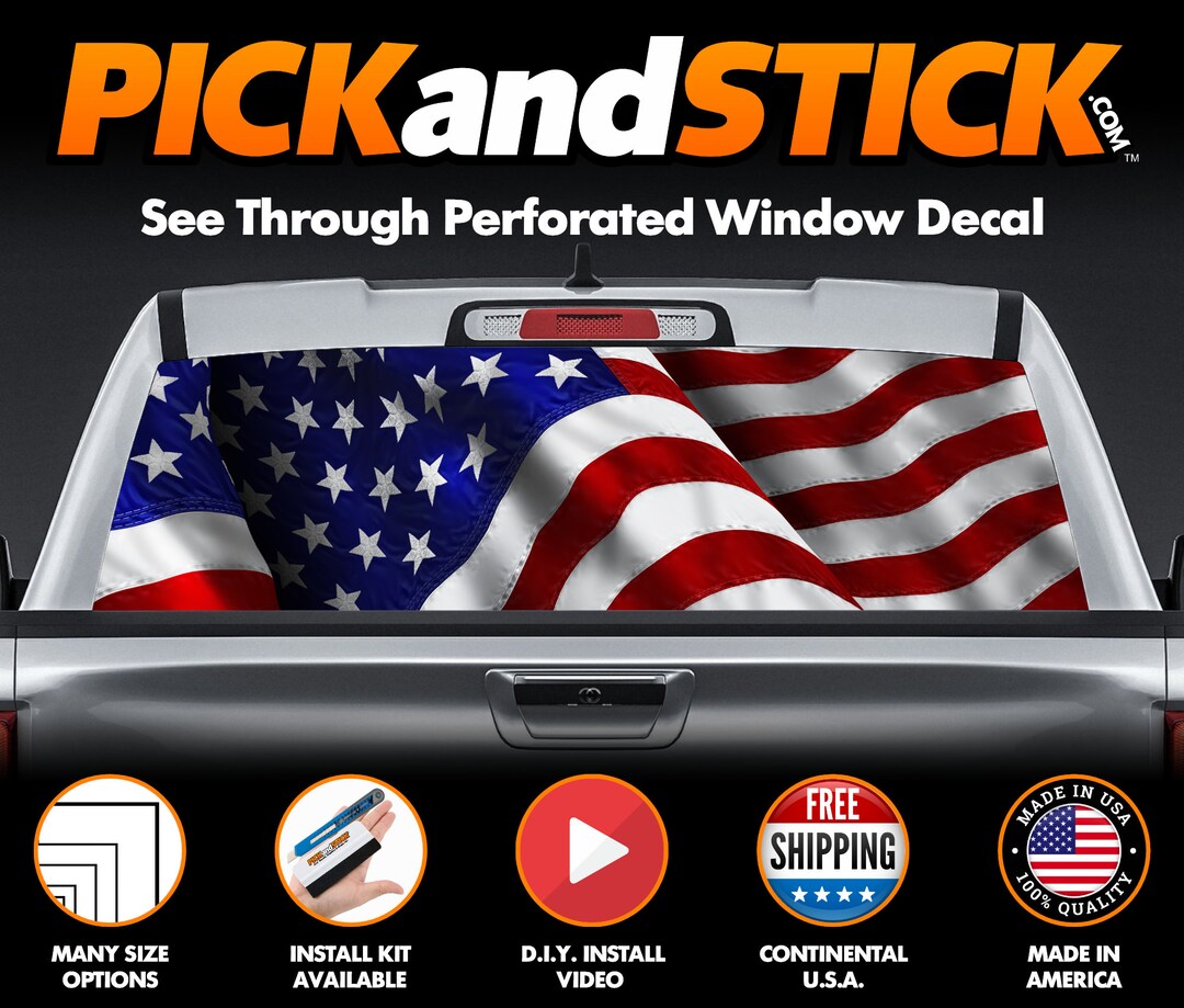 American Flag Waving 2 Perforated Rear Window Graphic Decal Made in U.S ...