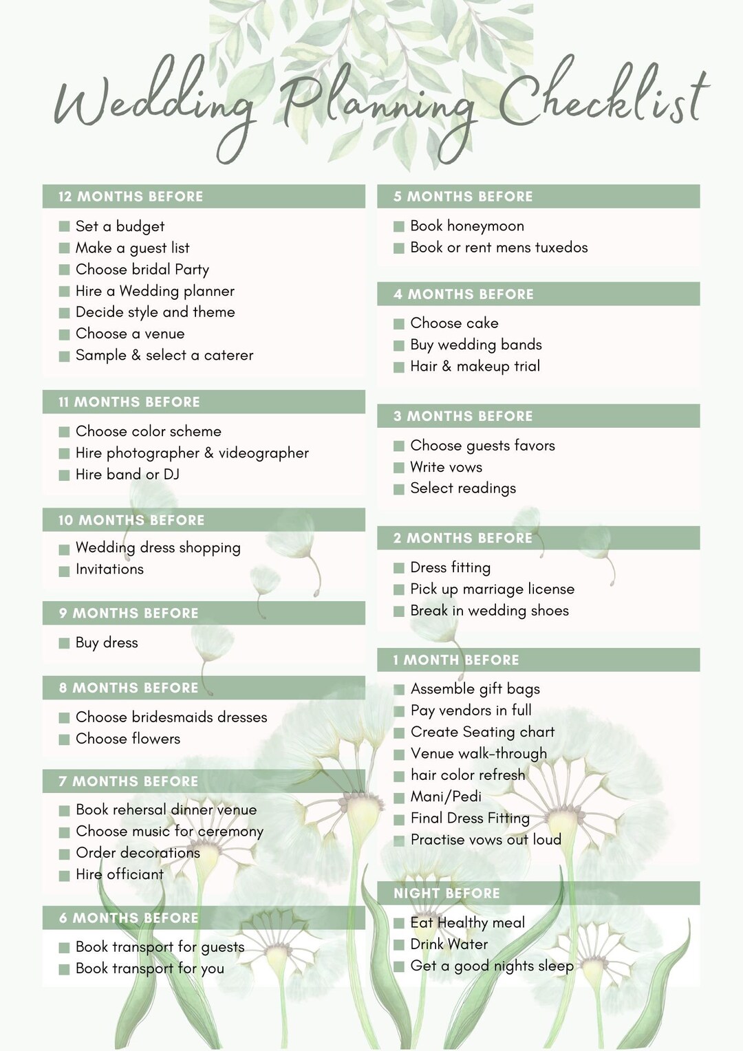 Wedding Checklist Printable Wedding Day Single Sheet Checklist 12 Month ...