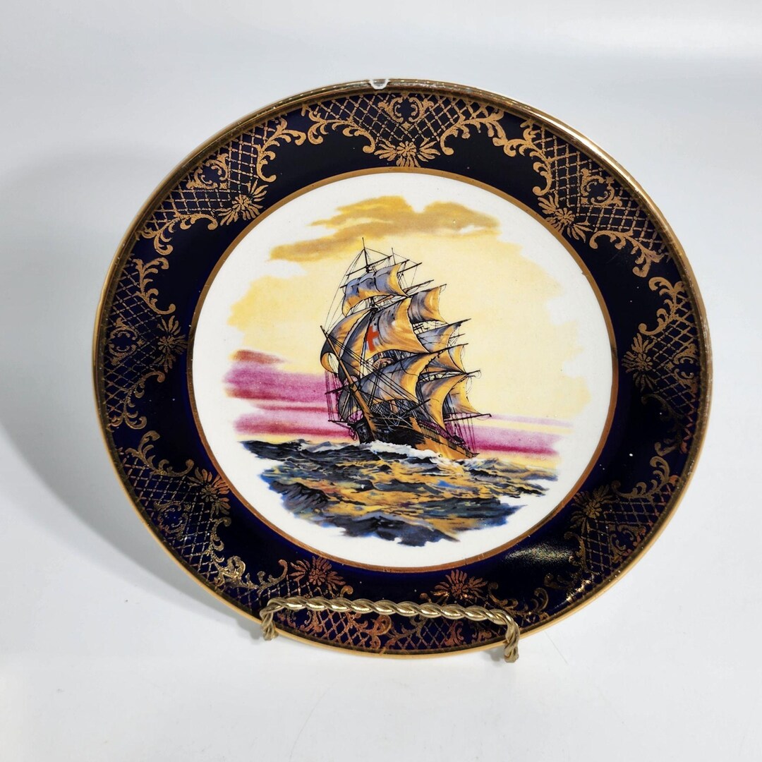Vintage Cobalt Blue Ceramic Collector Plate With Ship Scene and Gold ...