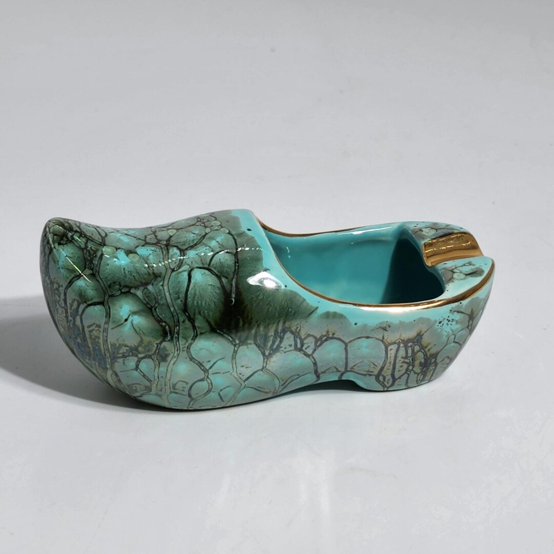 Vintage Dutch Ceramic Clog Shoe Turquoise and Gold Hand Painted Made in ...