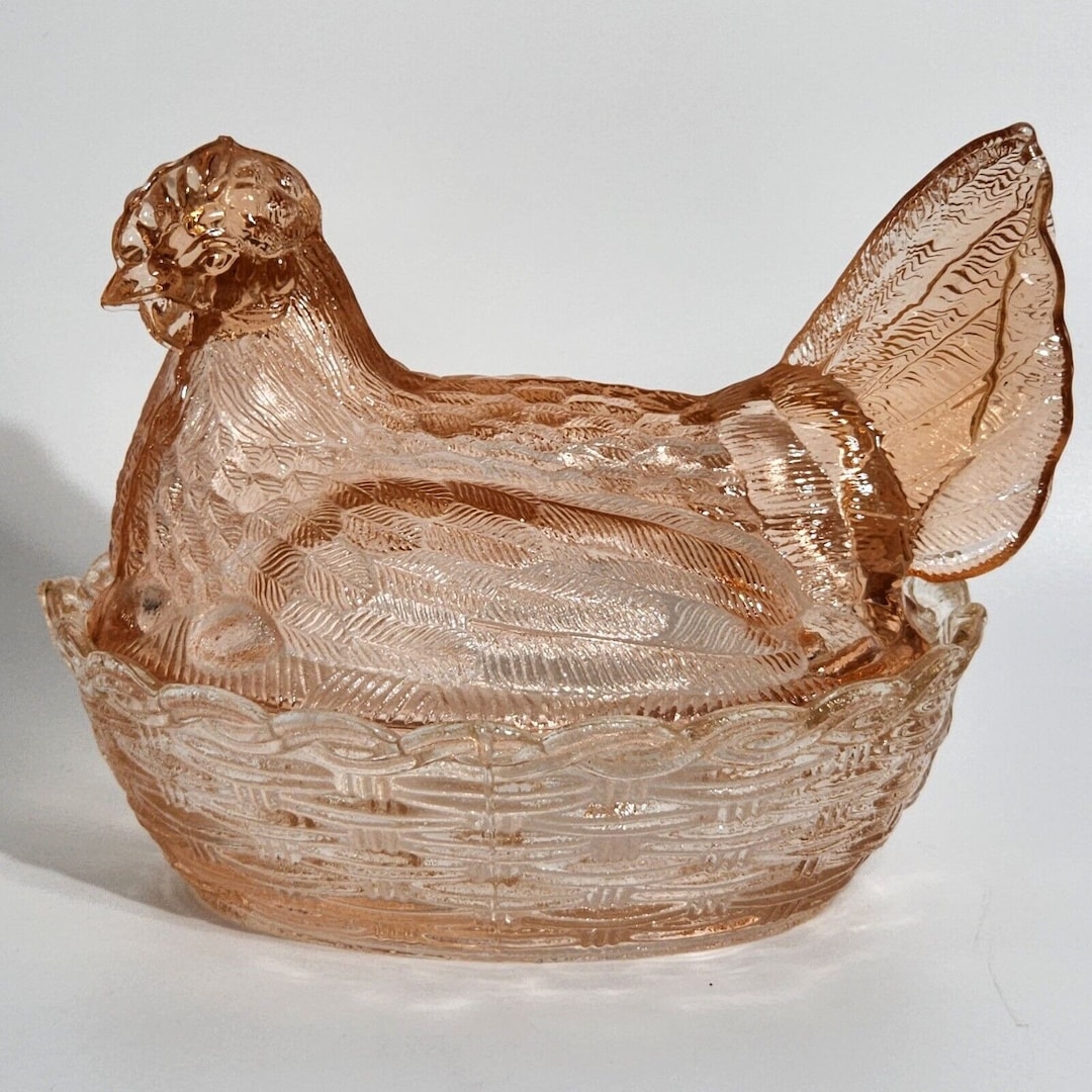 Vintage Indiana Glass Light Pink Hen on Nest Covered Dish Chicken on ...