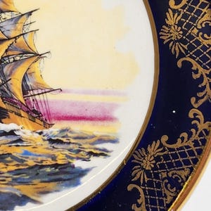 Vintage Cobalt Blue Ceramic Collector Plate With Ship Scene and Gold ...