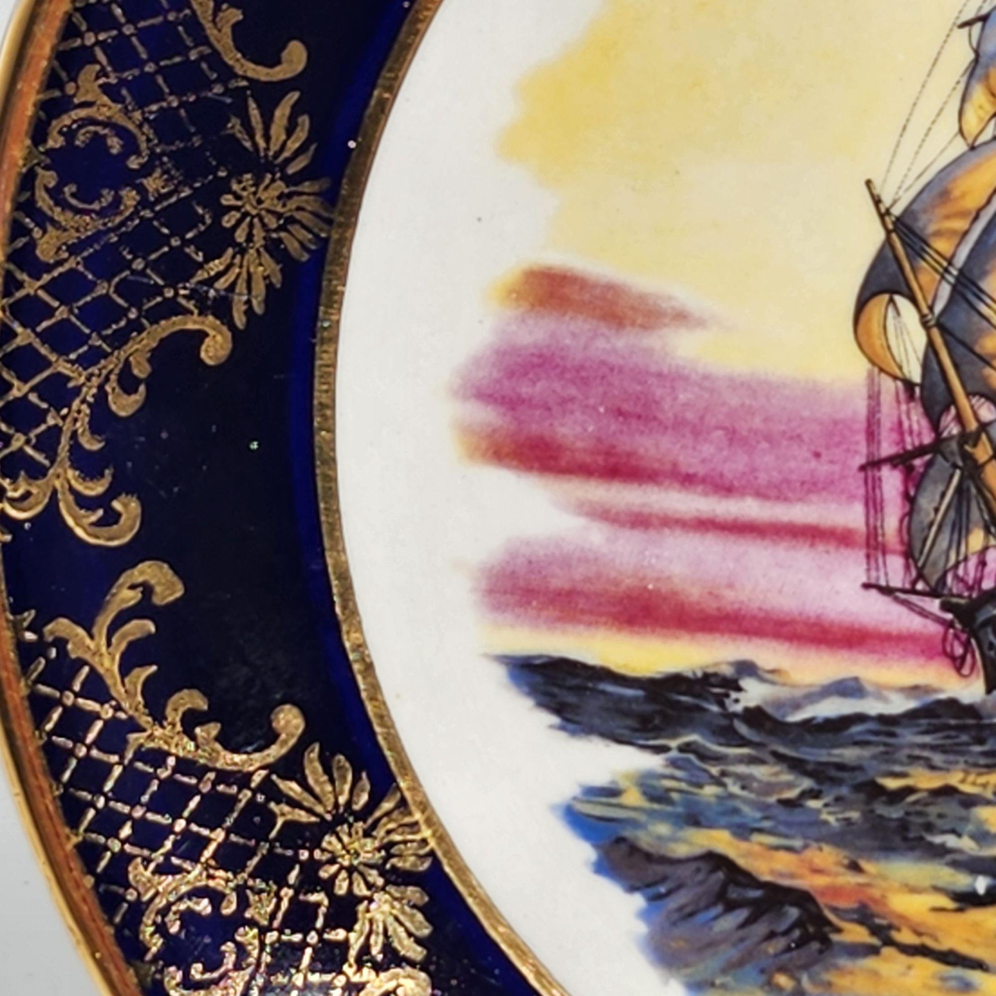 Vintage Cobalt Blue Ceramic Collector Plate With Ship Scene and Gold ...