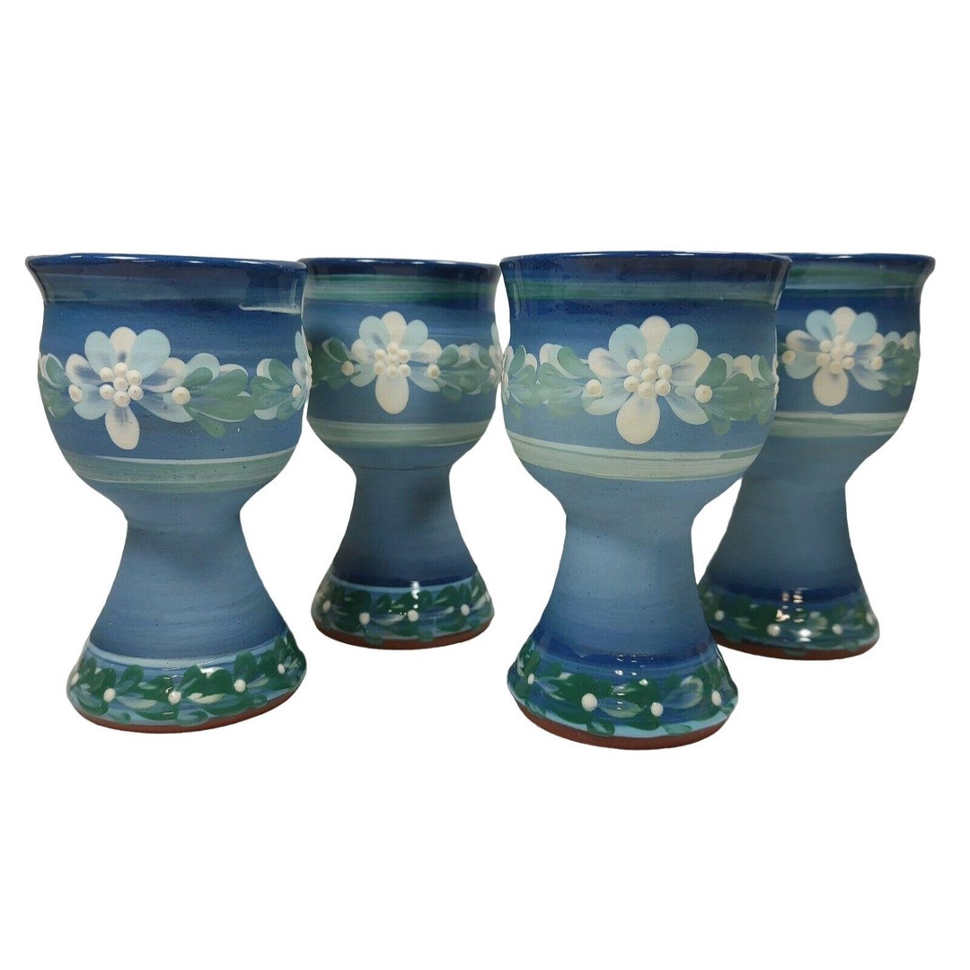 Stoneware Goblet Mugs Blue Daisy Floral Art Pottery Ceramic Handmade ...