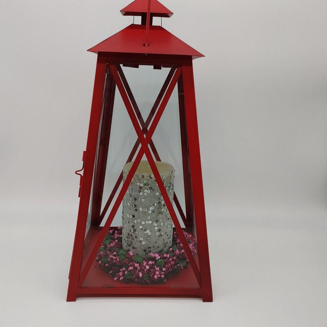 Indoor and Outdoor Red Glass Metal Hanging Candle Impressions Lantern ...