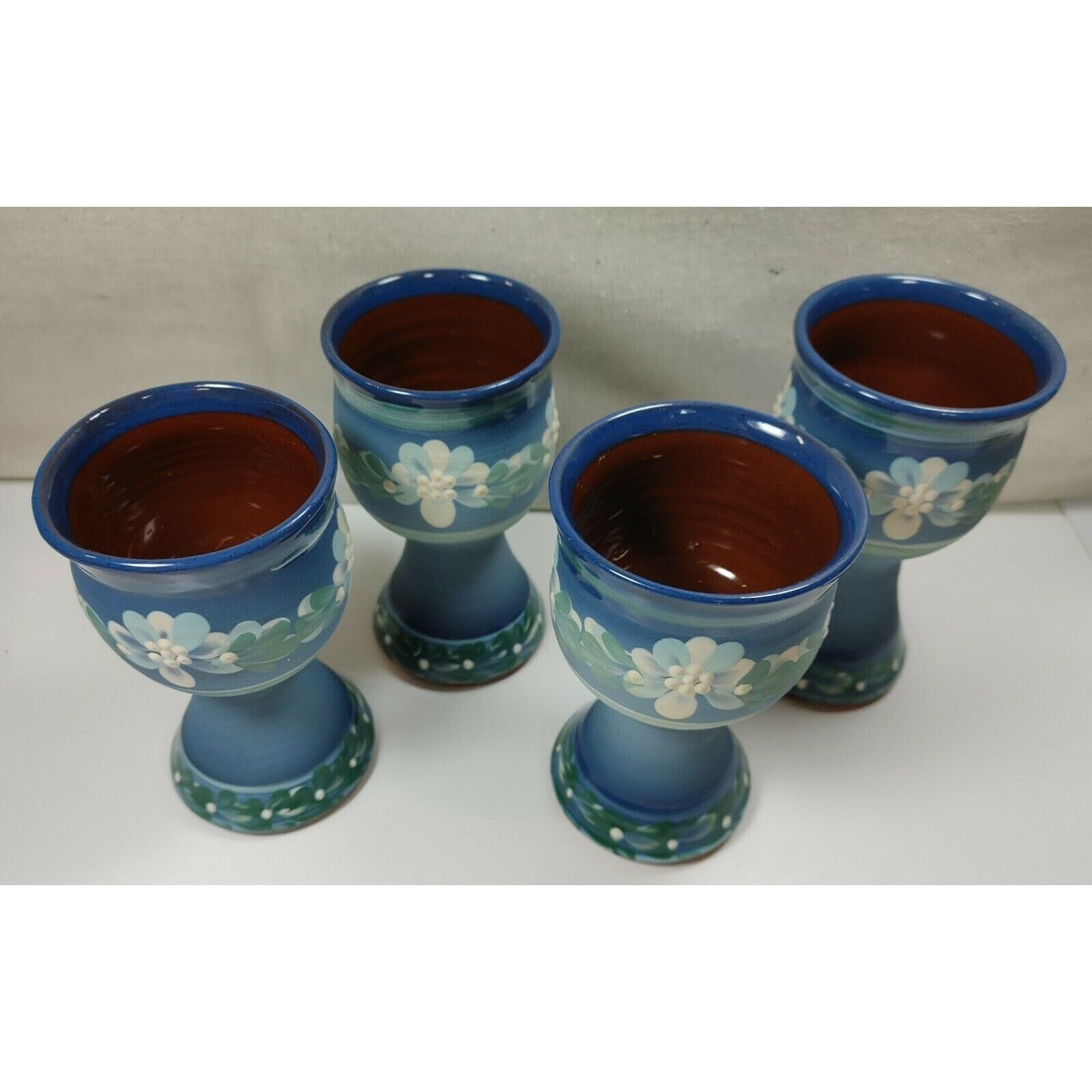 VTG Blue Daisy Floral Art Pottery Ceramic Handmade Stoneware Goblet Mug ...