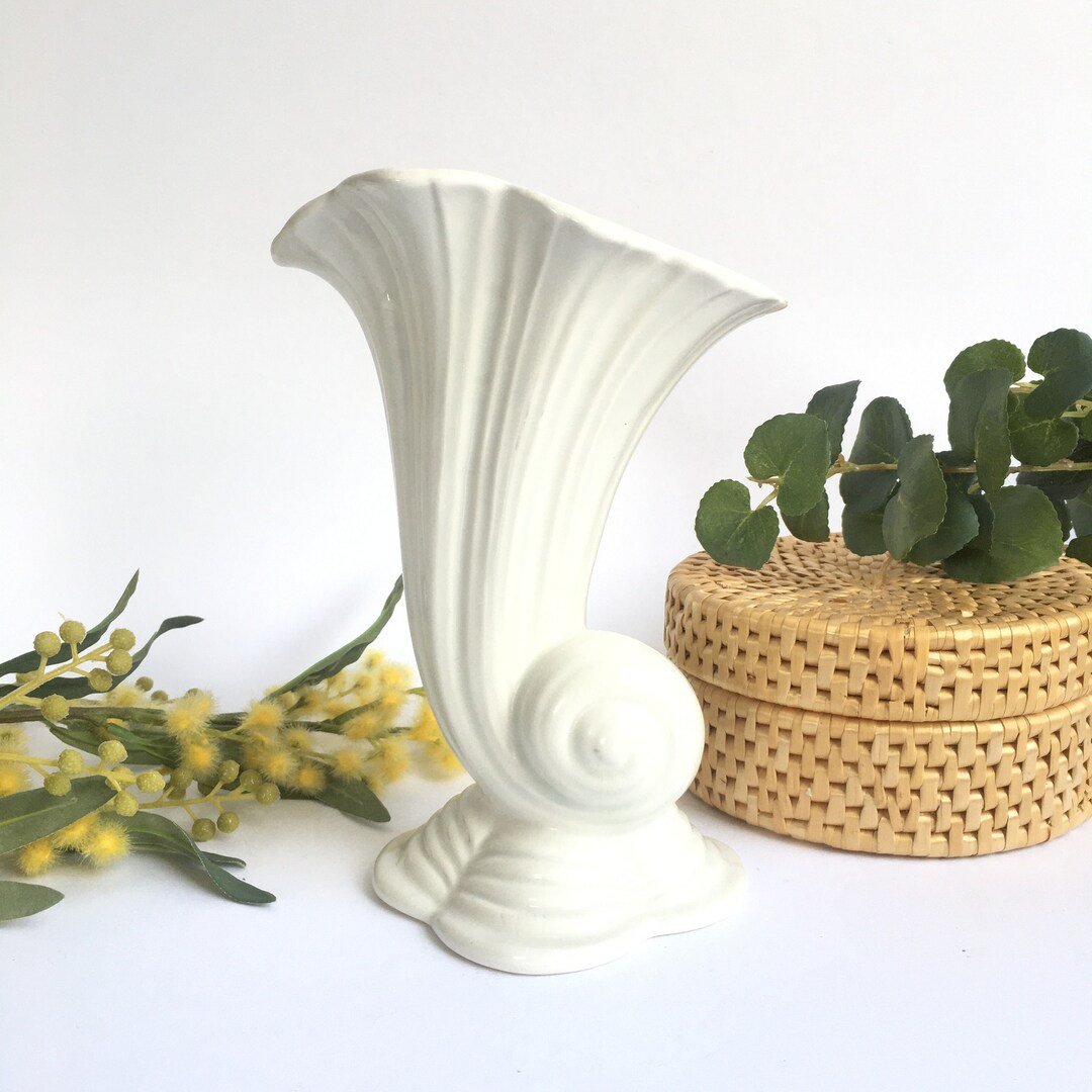 1950s Shell Vase *chip* Cornucopia White Ceramic Horn of Plenty Neptune ...