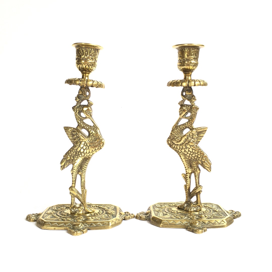 Brass Lucky Stork Bird Candlesticks Pair of Candle Holders Fertility ...