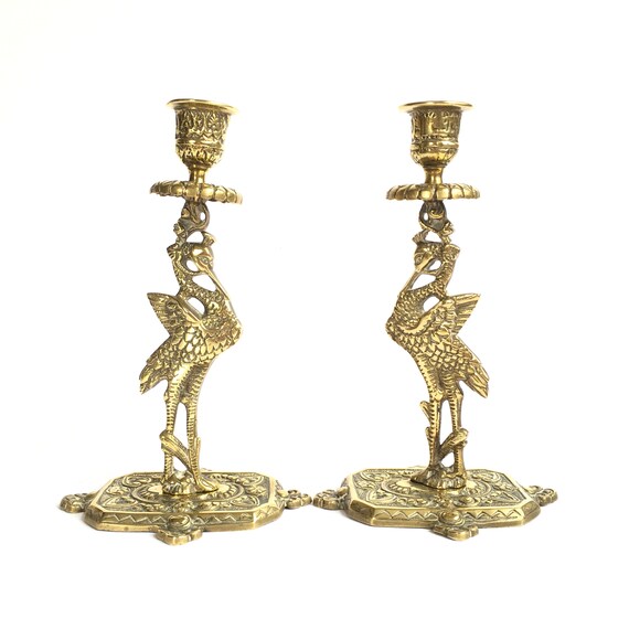 Brass Lucky Stork Bird Candlesticks Pair of Candle Holders | Etsy