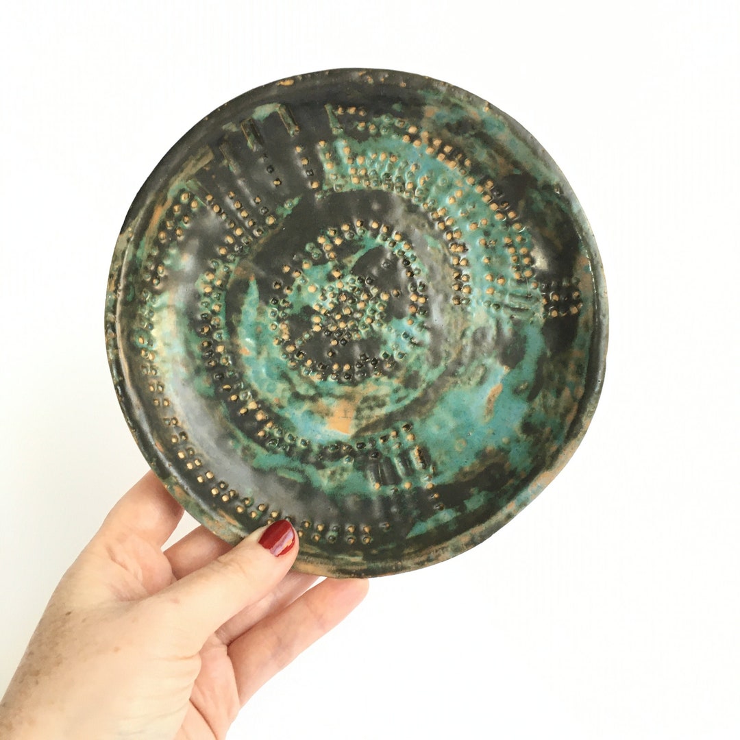Vintage Studio Art Pottery Altar Offering Dish Plate Grey Green Blue ...