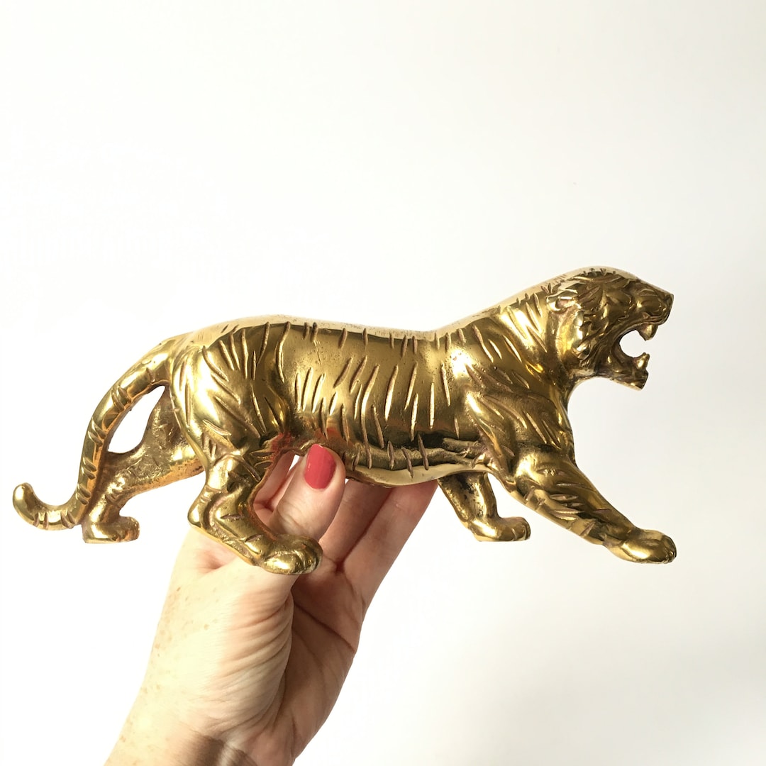 Vintage Brass Tiger Statue 9.25" Roaring Stalking Figurine Ornament ...