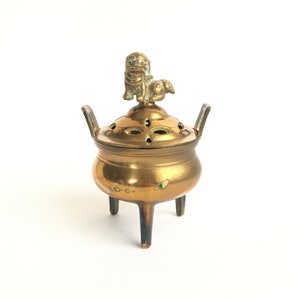 Antique Brass Incense Censer Chinese Cauldron Tri Foot With Lid Foo Dog ...