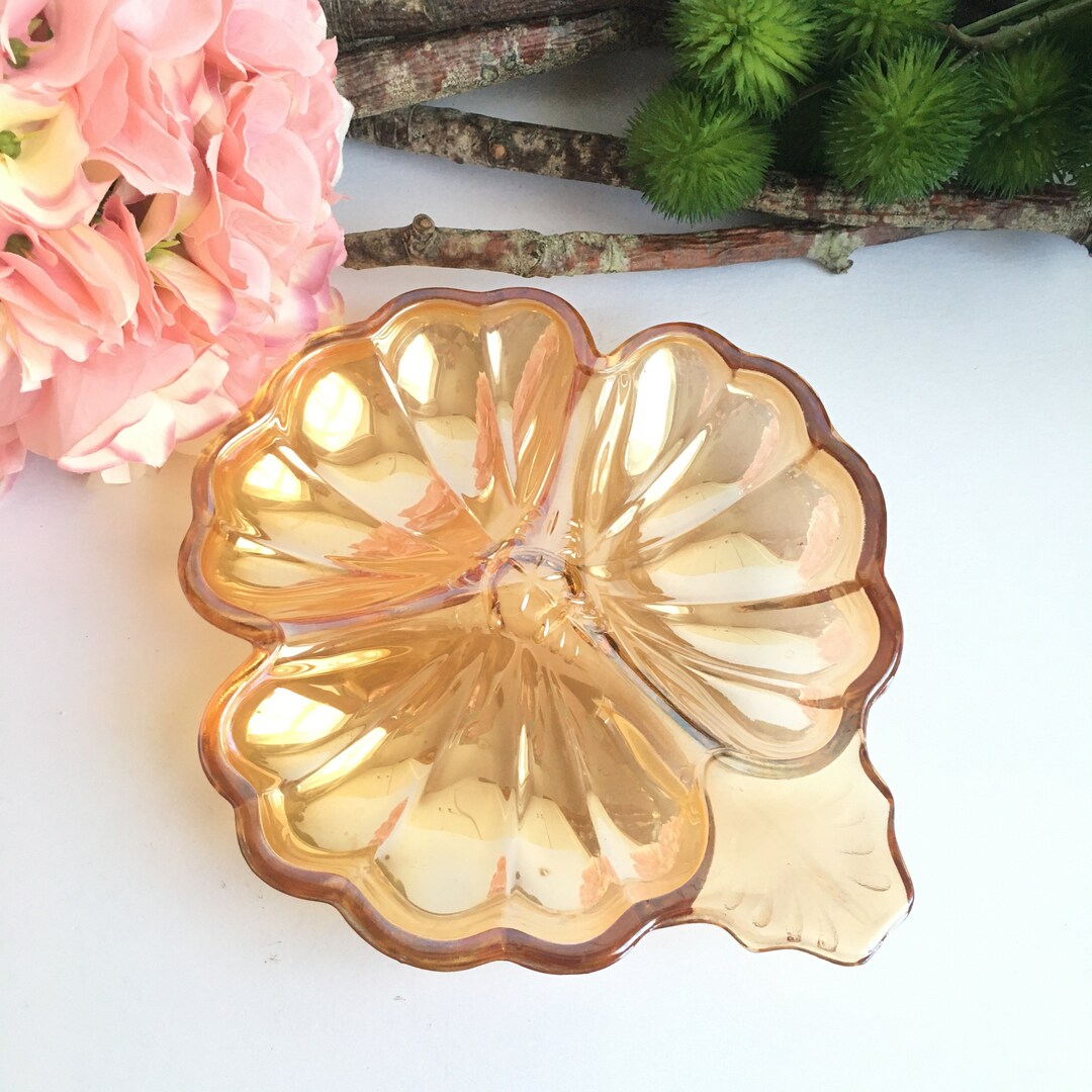 Vintage Amber Orange Art Glass Altar Offering Dish Floral Three Section ...