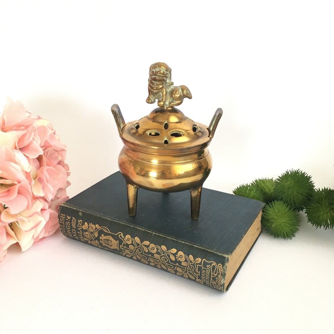 Antique Brass Incense Censer Chinese Cauldron Tri Foot With Lid Foo Dog ...