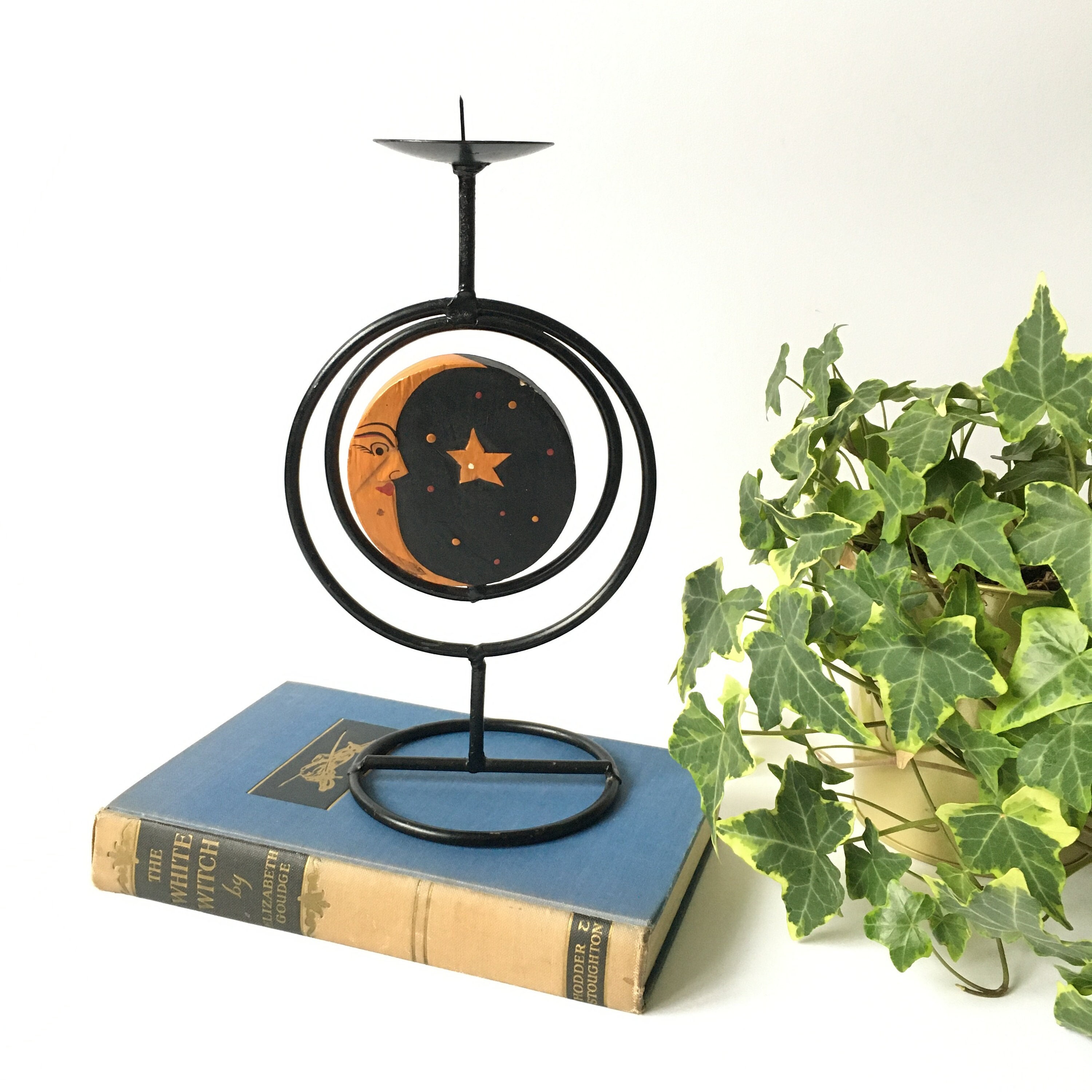 Vintage Sun Moon Double Sided Black Metal and Wood Candlestick Candle ...