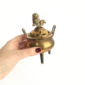 Antique Brass Incense Censer Chinese Cauldron Tri Foot With Lid Foo Dog ...
