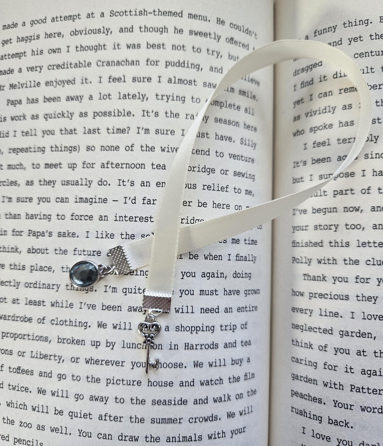 Key and Jewel Ribbon Bookmark: Silver & Ivory Book Accessory - Etsy