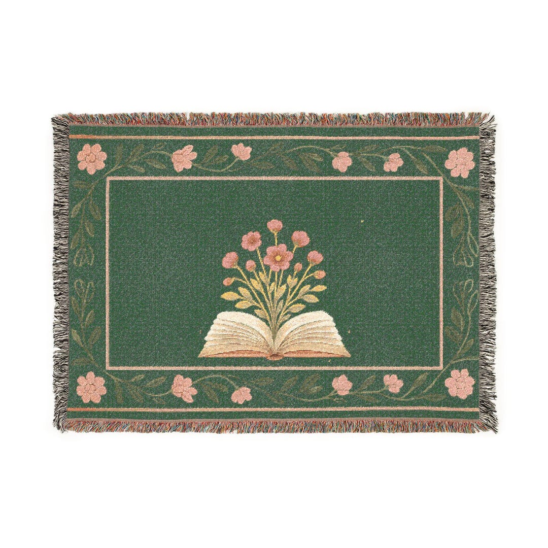 Floral Book Illustration Woven Blanket | Botanical Reading Throw - Etsy
