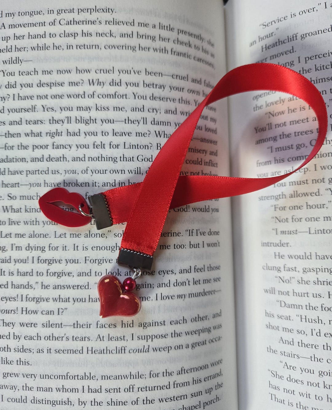 Pearlescent Heart Bead and Kiss Ribbon Bookmark, Romance Bookmark, Love ...