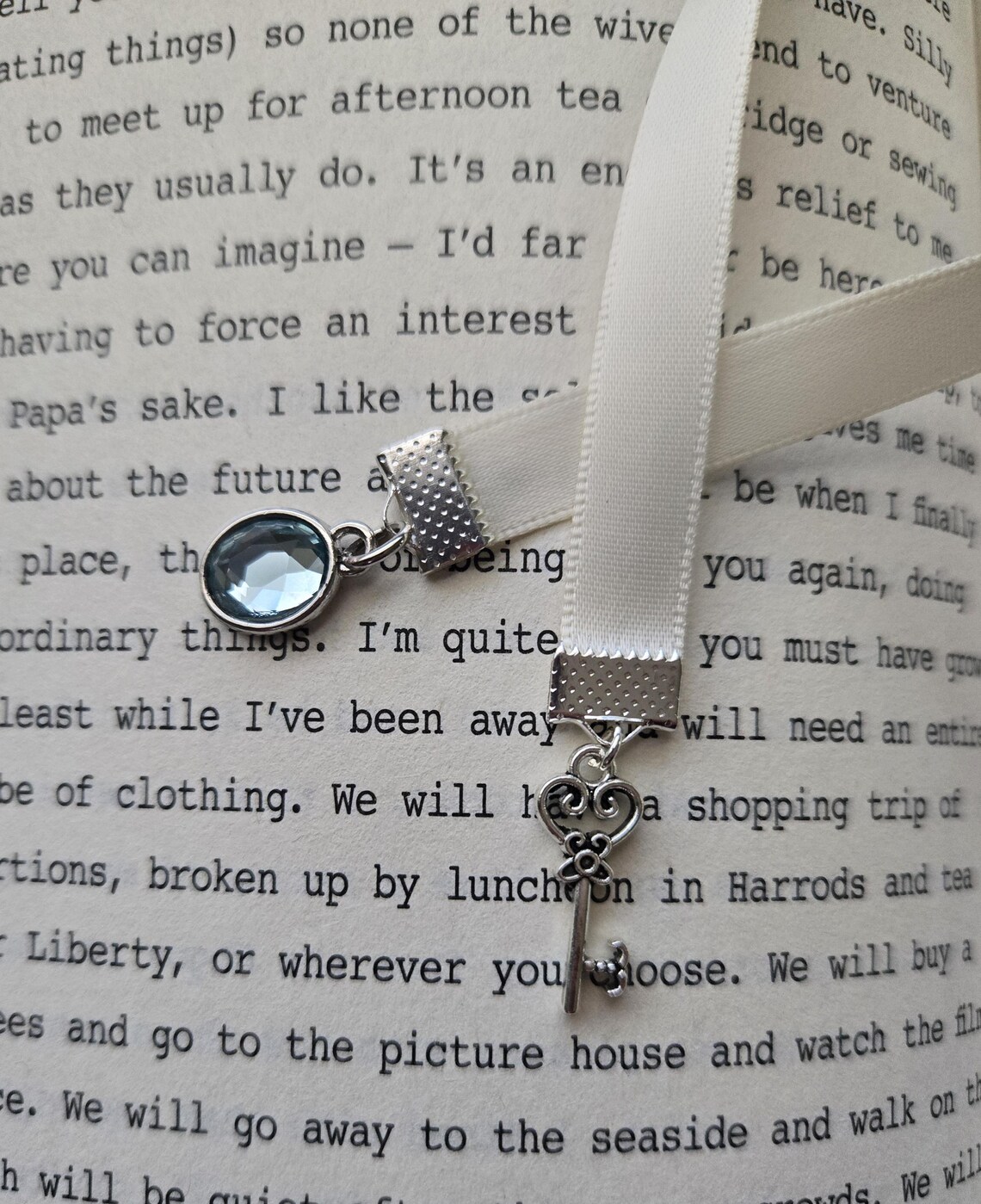 Key and Jewel Ribbon Bookmark: Silver & Ivory Book Accessory - Etsy