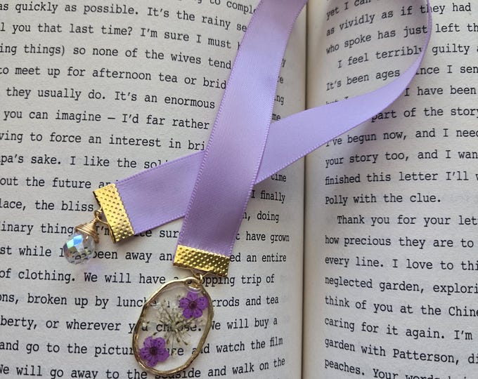 Dry Flower Bookmark: Purple Ribbon, Gold Jewel Book Accessory - Etsy