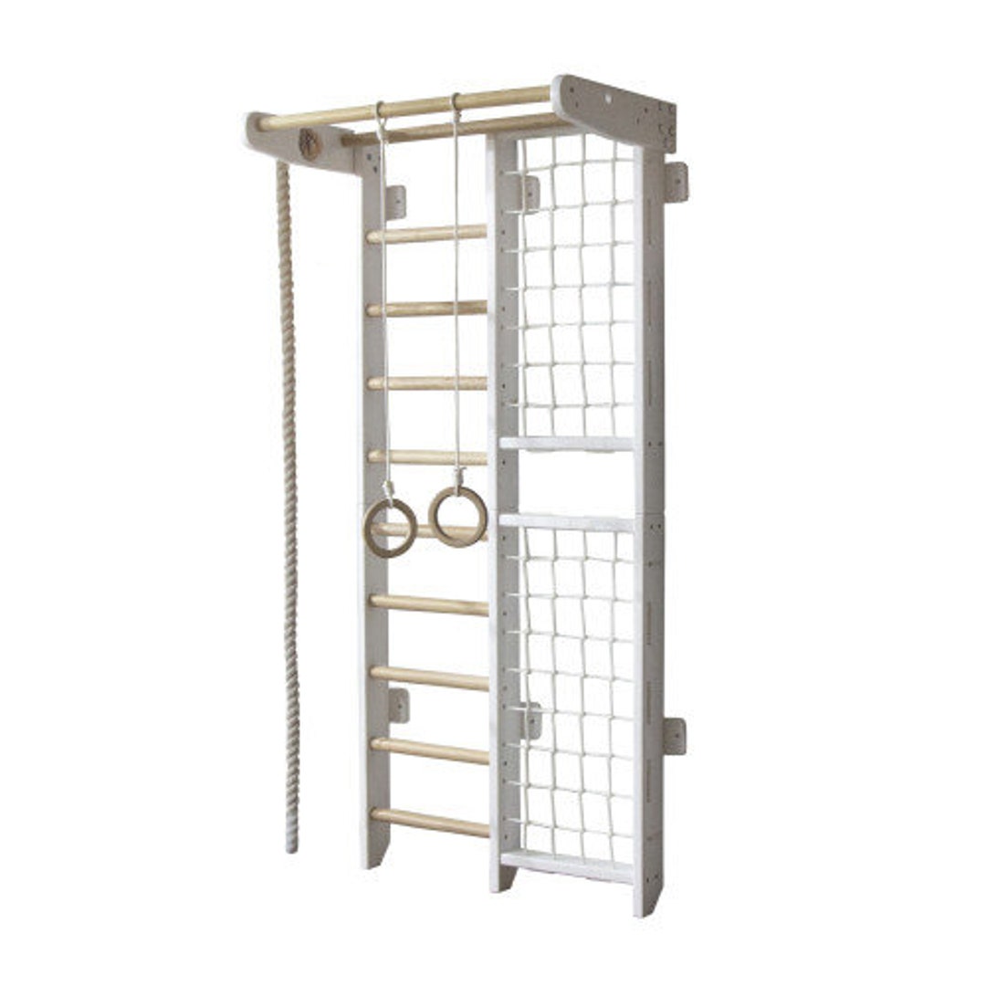 White Wooden Playground Gym for Home and Yard Wall Ladder Indoor ...