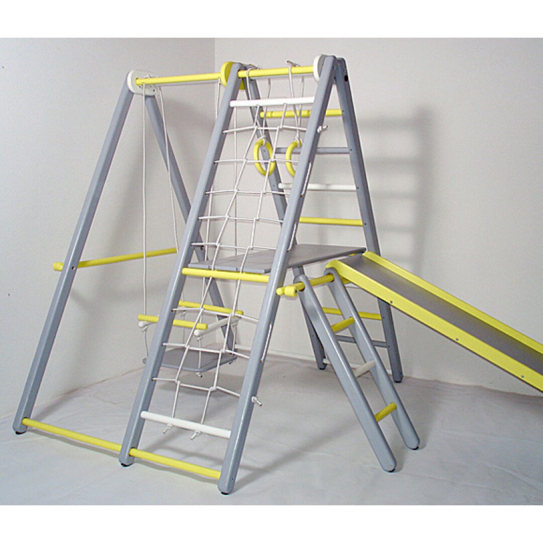 Gray Wooden Playground With Slide and Monkey Net for Kids | Home ...