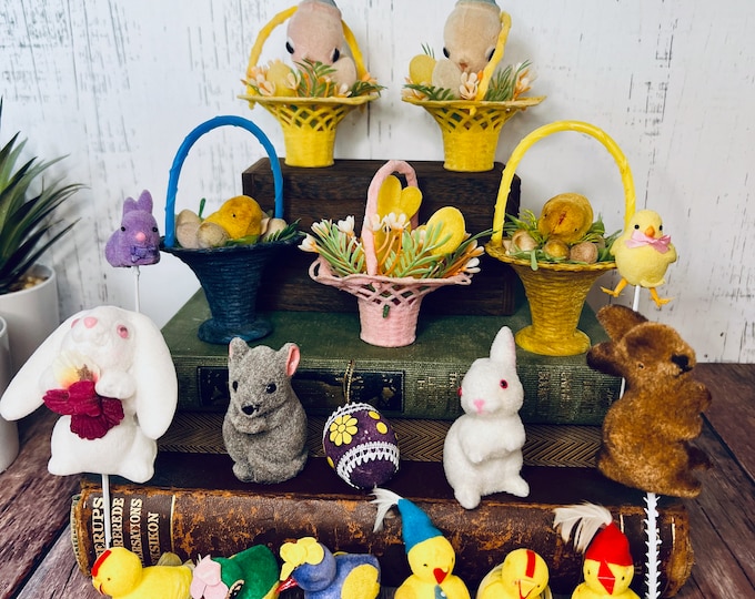 Vintage Flocked Easter Decor, Mini Easter Baskets , Easter Peeps ...