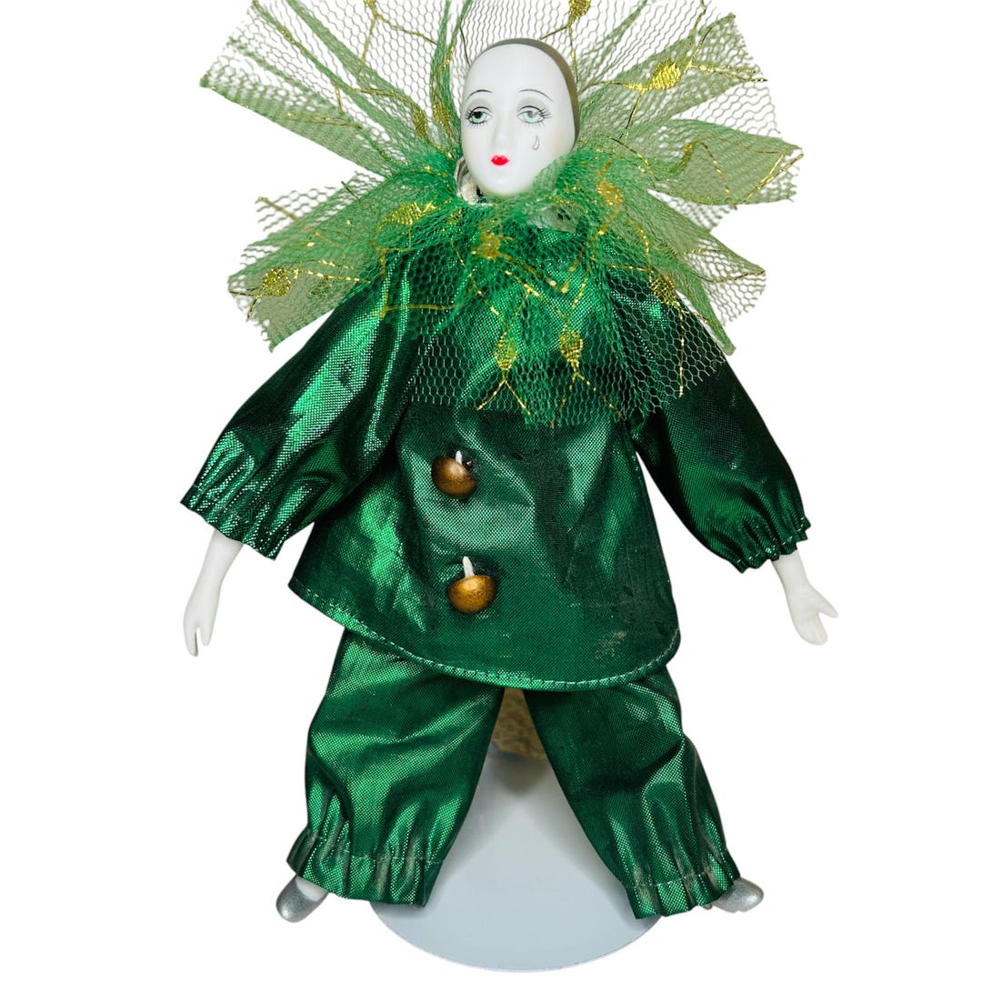 Vintage Porcelain Harlequin Pierrot Mime Doll Sad Pantomime Clown Green ...