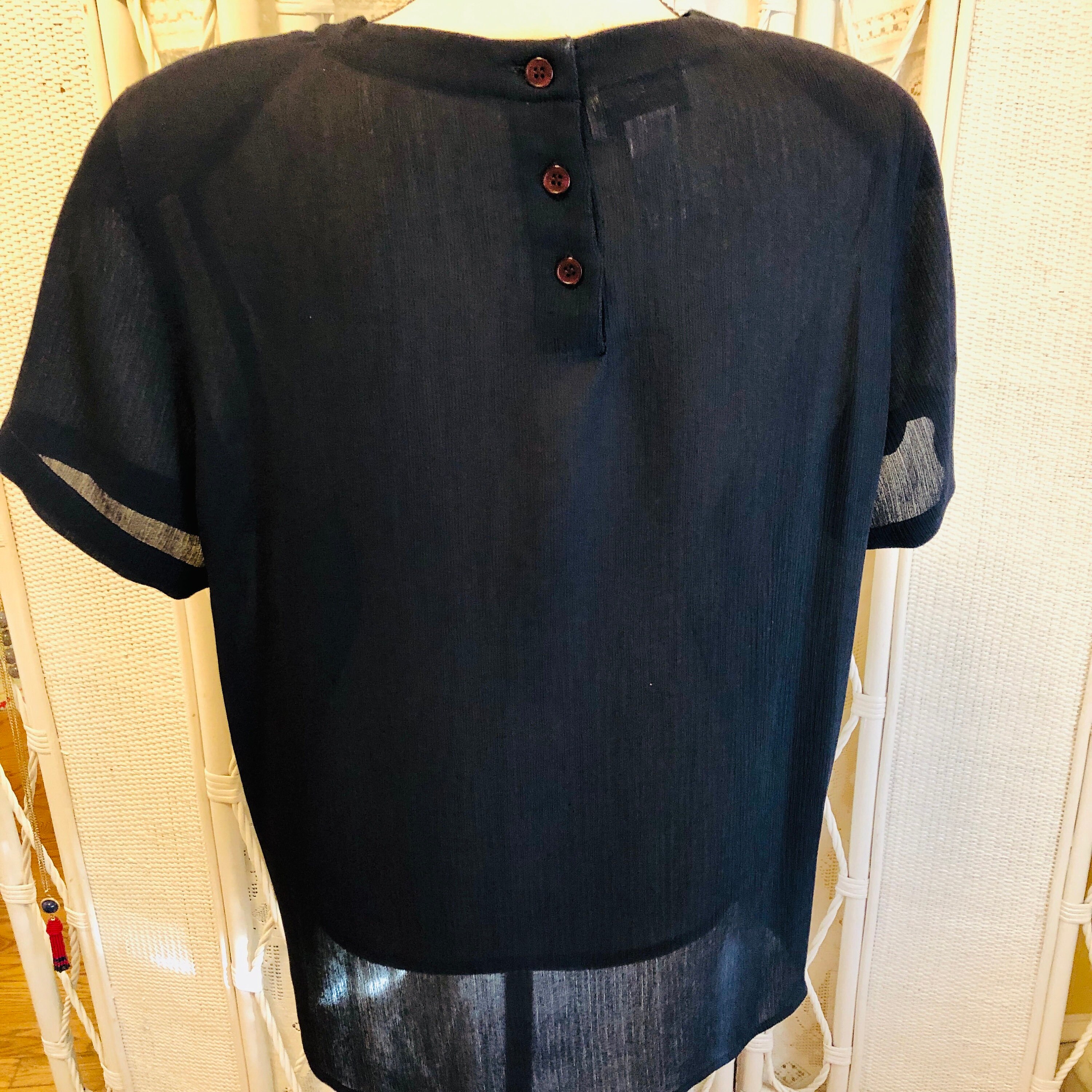 Vintage 1990's Blouse RENA ROWAN Navy Blue Button Back Crinkle Texture ...