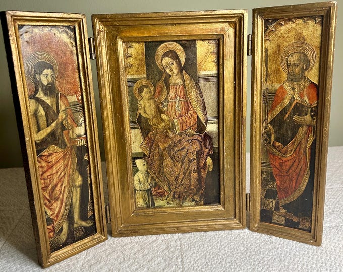 Vintage Wooden Triptych Icon – Madonna & Child With Saints – Gold Gilt ...